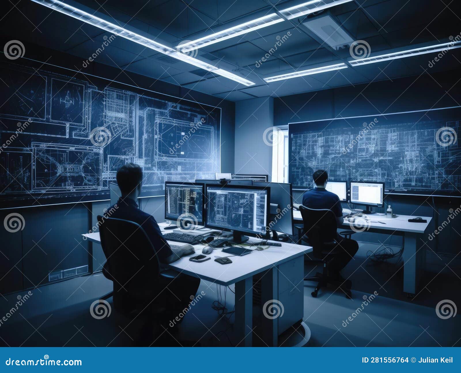 Engineers Working on Project with Blueprints and Computers Stock ...