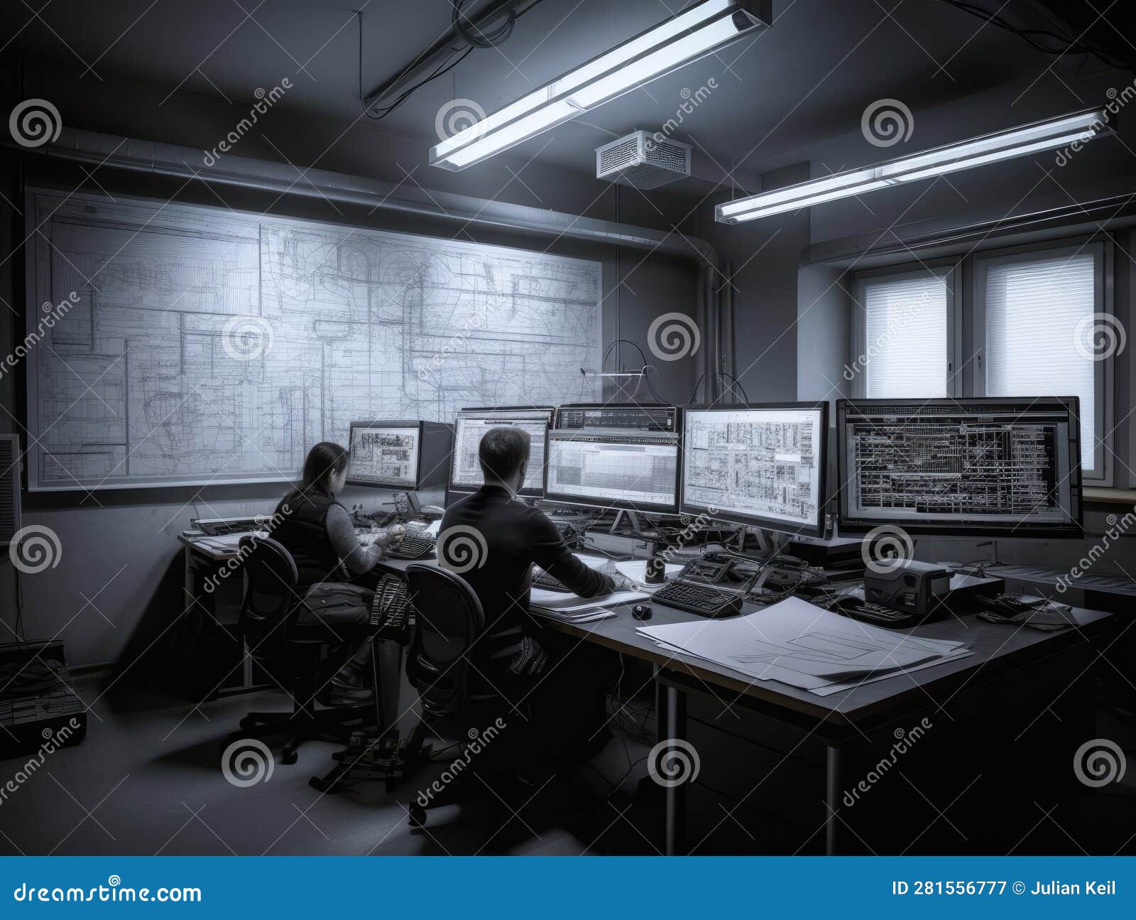 Engineers Working on Project with Blueprints and Computers Stock ...