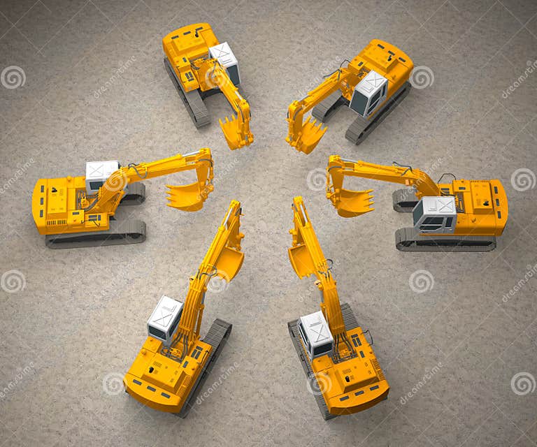 Group Excavator Top View 3d Rendering Stock Illustration - Illustration ...