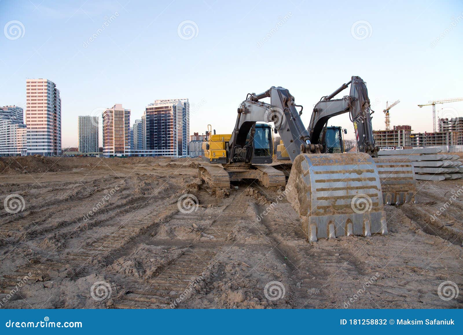 Group of the Excavators for Digging Ground, Trenching and Foundation at ...