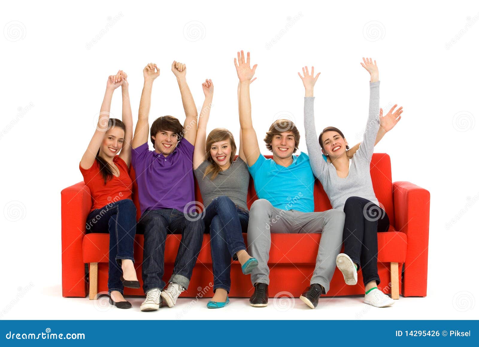 Group of excited friends stock photo. Image of couch - 14295426