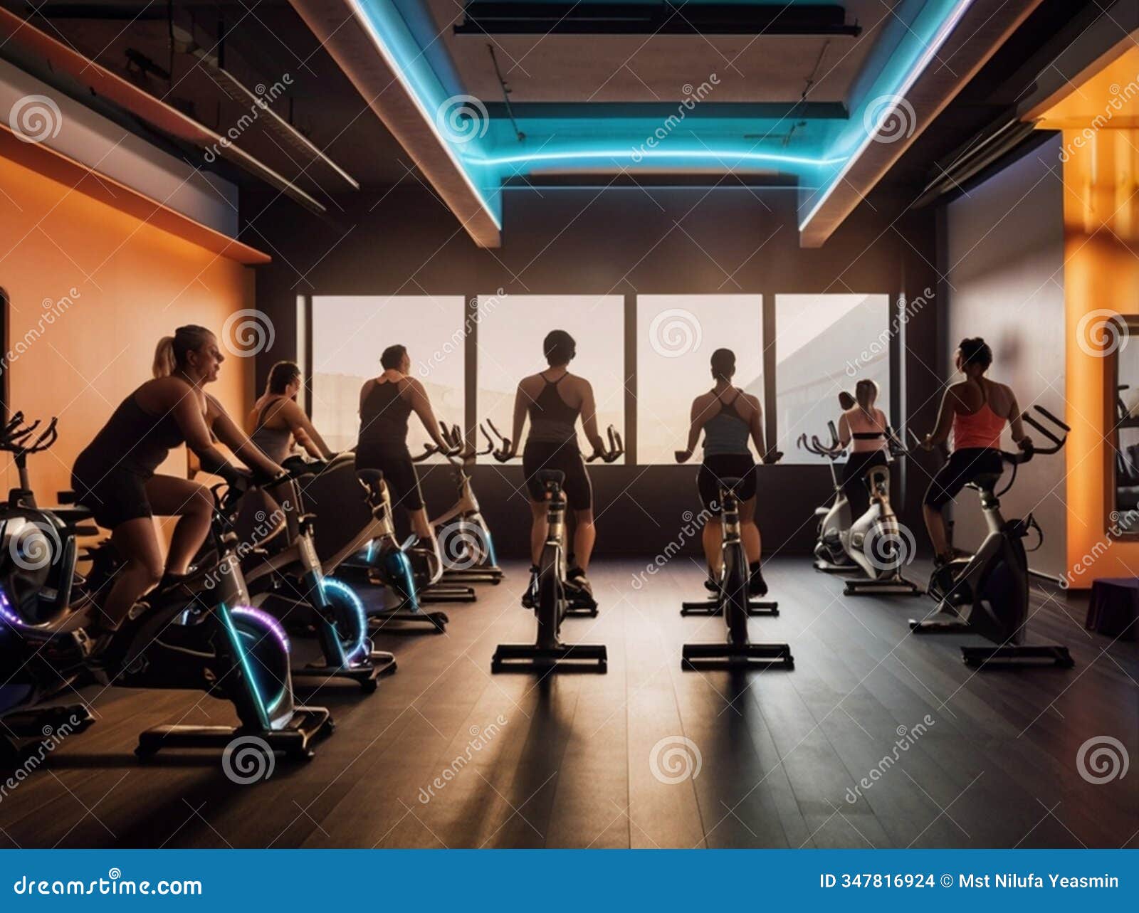 Group Exercise Class in Modern Spin Studio Stock Illustration ...
