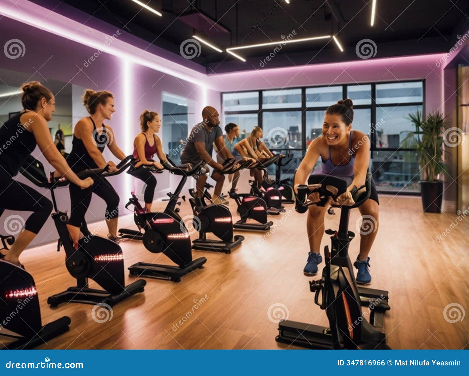 Group Exercise Class in Modern Spin Studio Stock Illustration ...