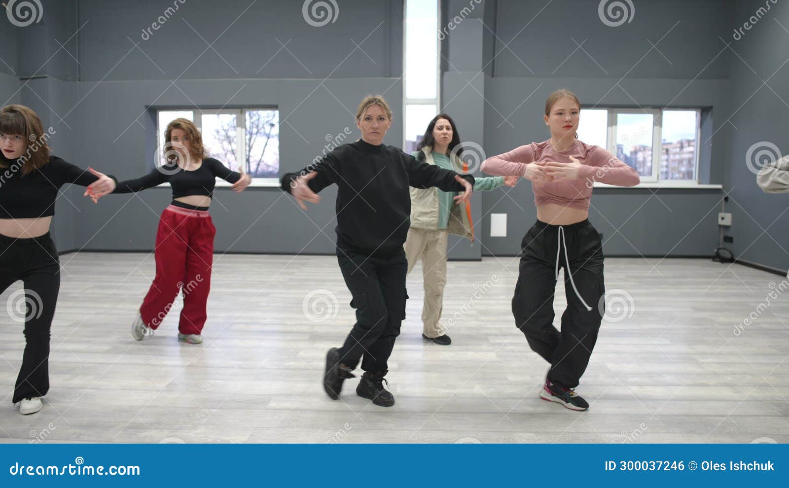 Group Exercise. Live Camera. Six Girls are Engaged in Group Dance ...