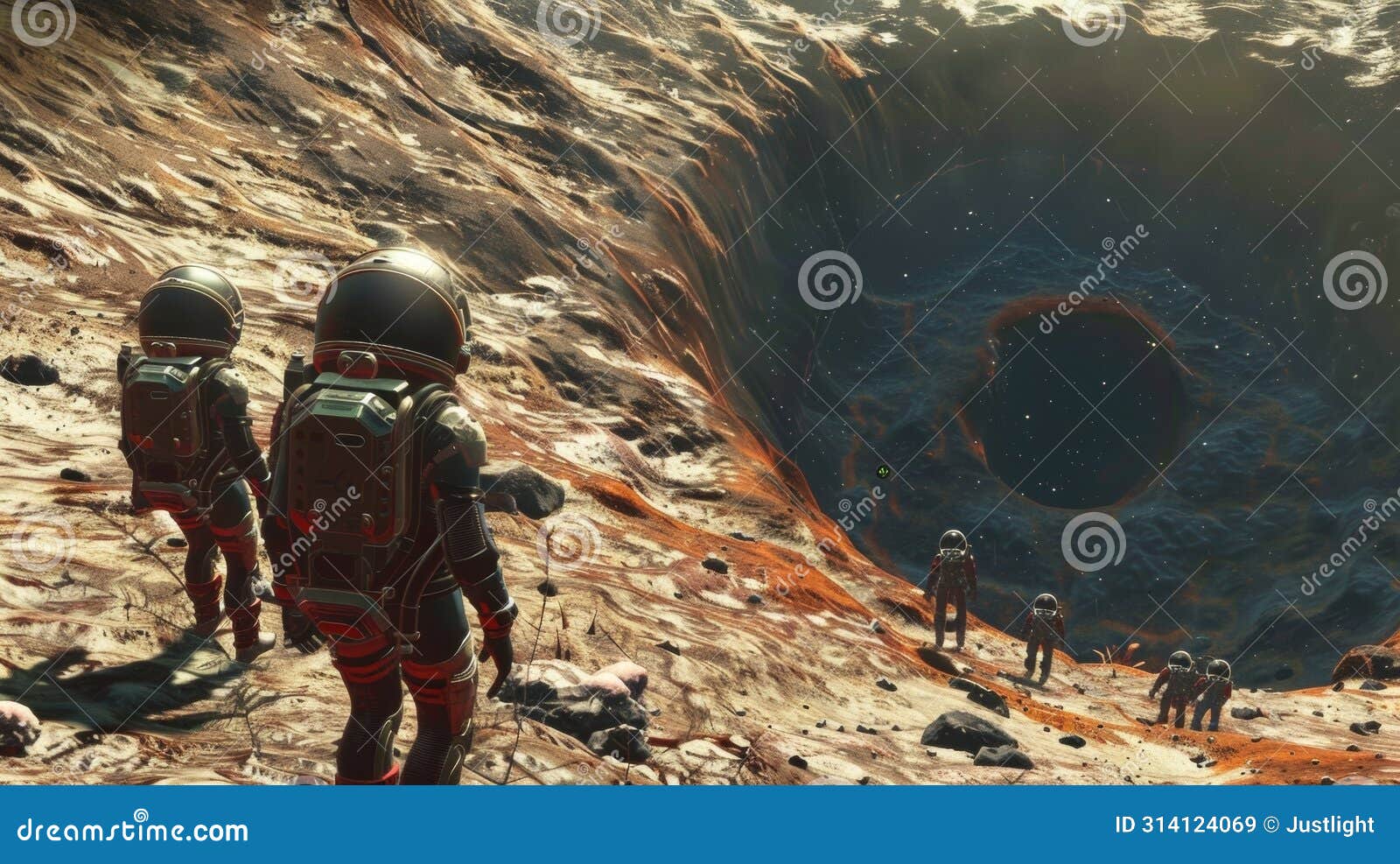 A Group of Explorers Their Backs To the Camera Can Be Seen Traversing a ...