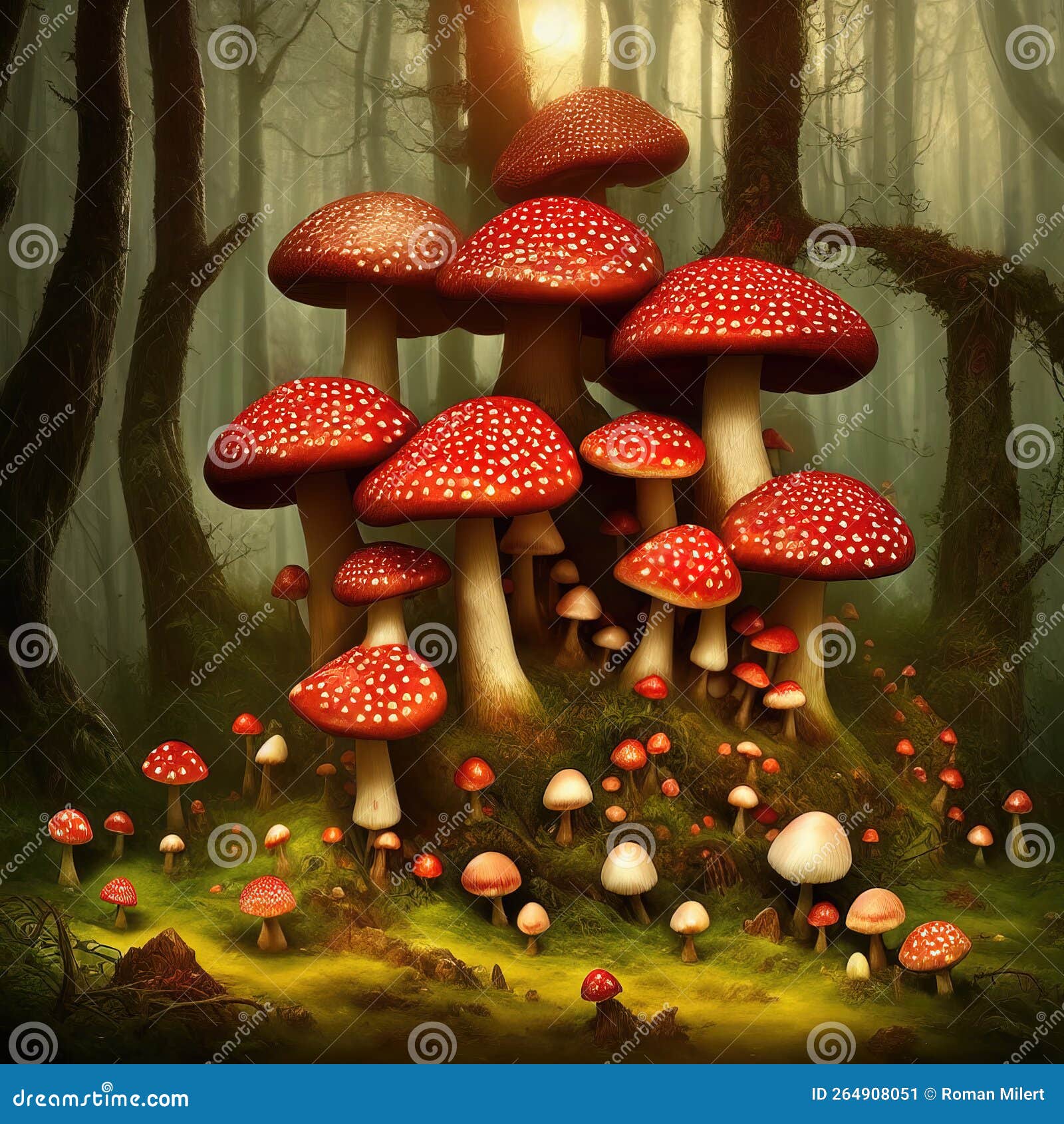 Group of Fantasy Fly Agaric Mushrooms Growing in Magical Forest Stock ...