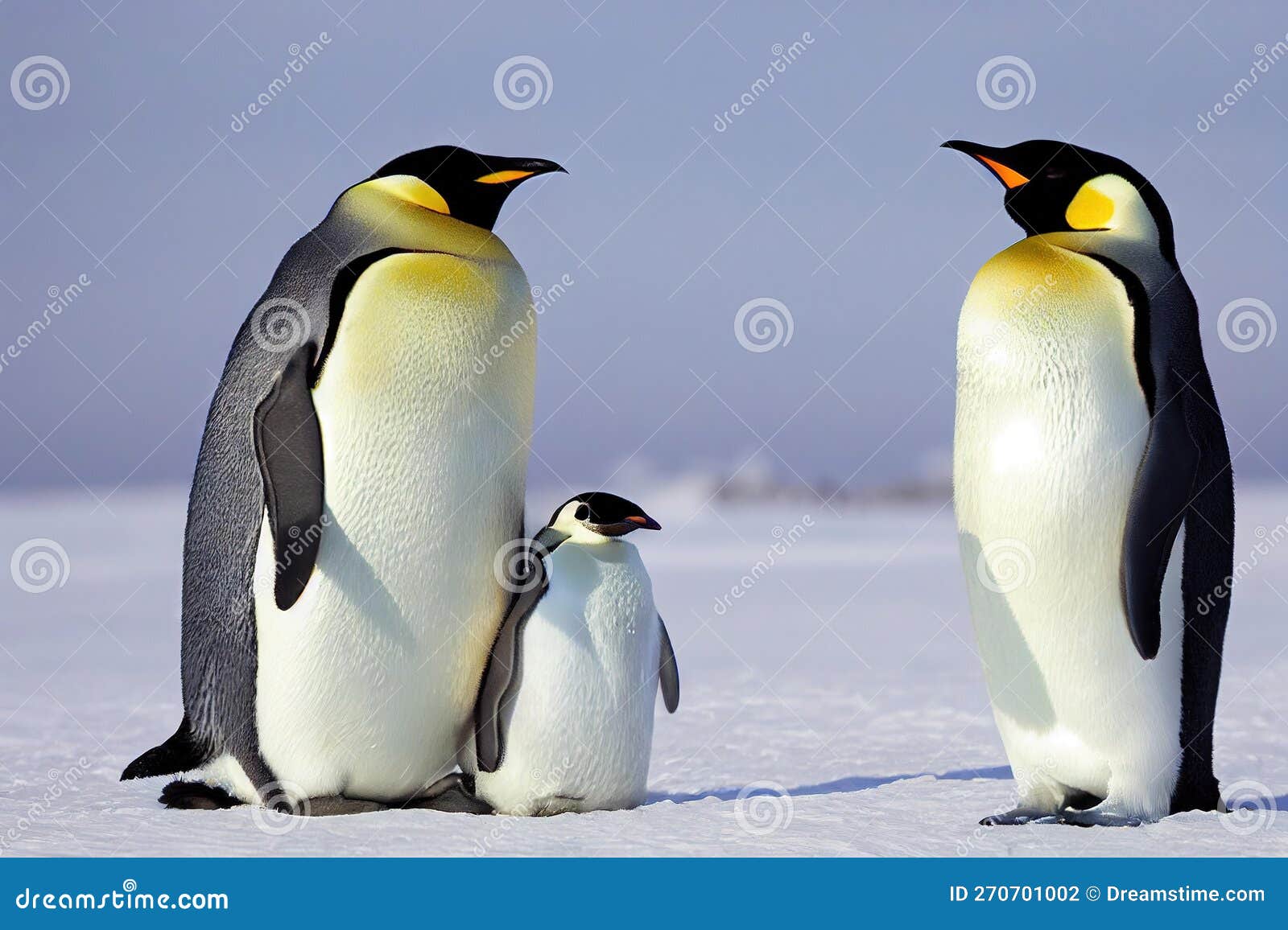 Group of Fat Emperor Penguins with Cub Standing Against Blue Sky. Stock ...