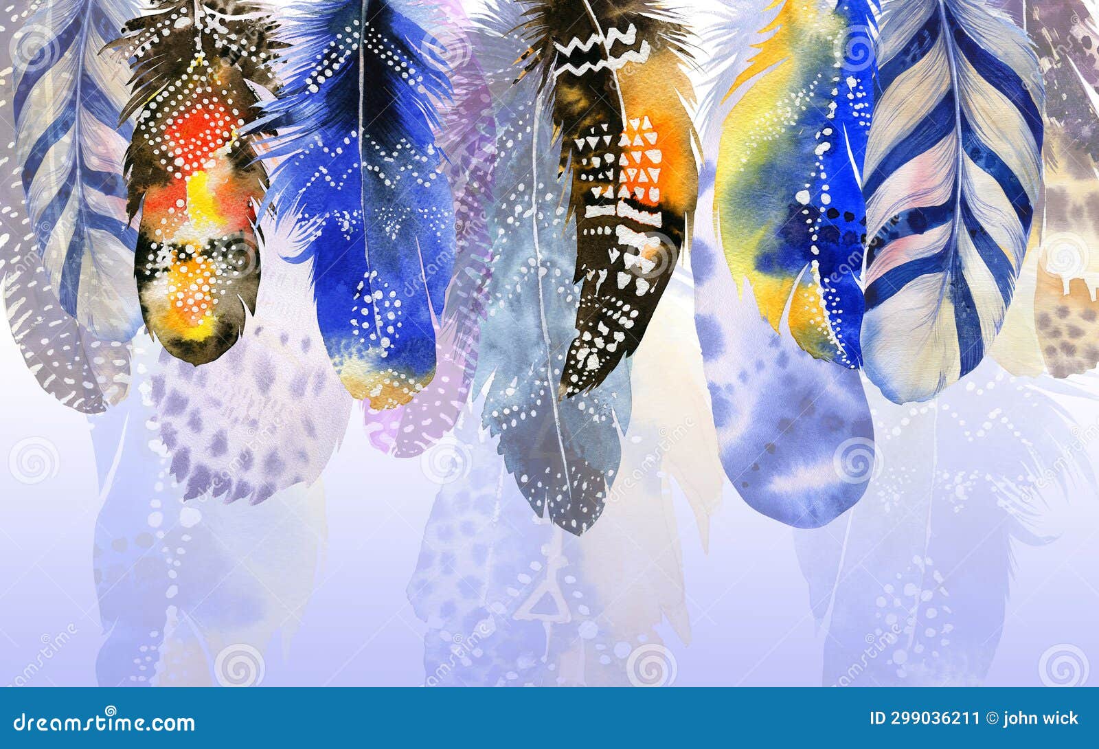 A Group of Feathers Hanging from a Line on a Wall with a Blue ...