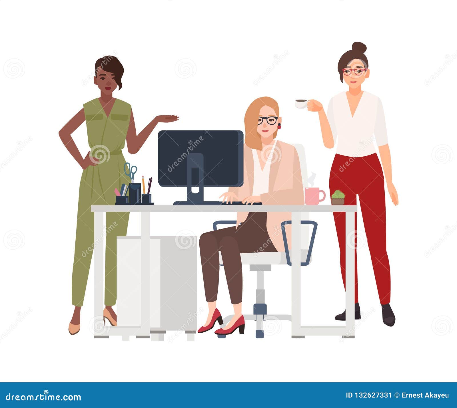 Group of Female Employees or Managers at Office - Working on Computer ...