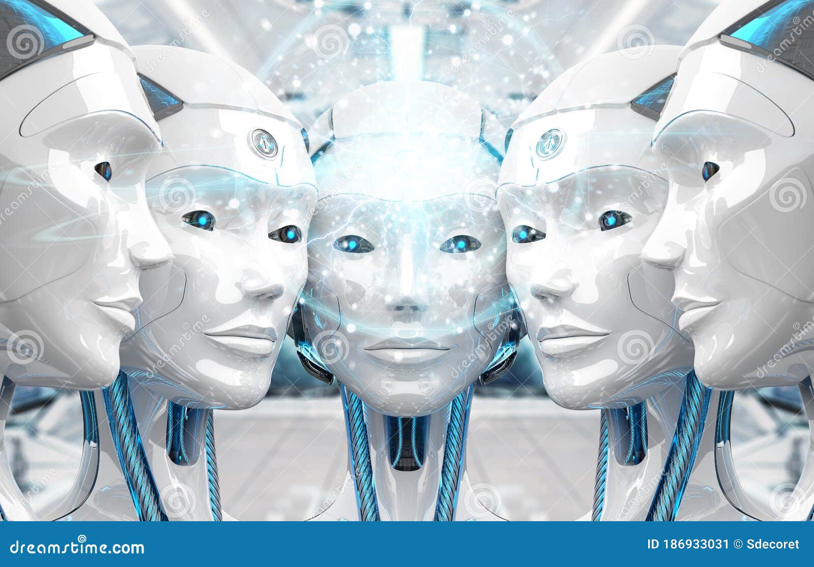 Female Robots In Various Poses Set, Side, Front And Back View Of Cyborg ...