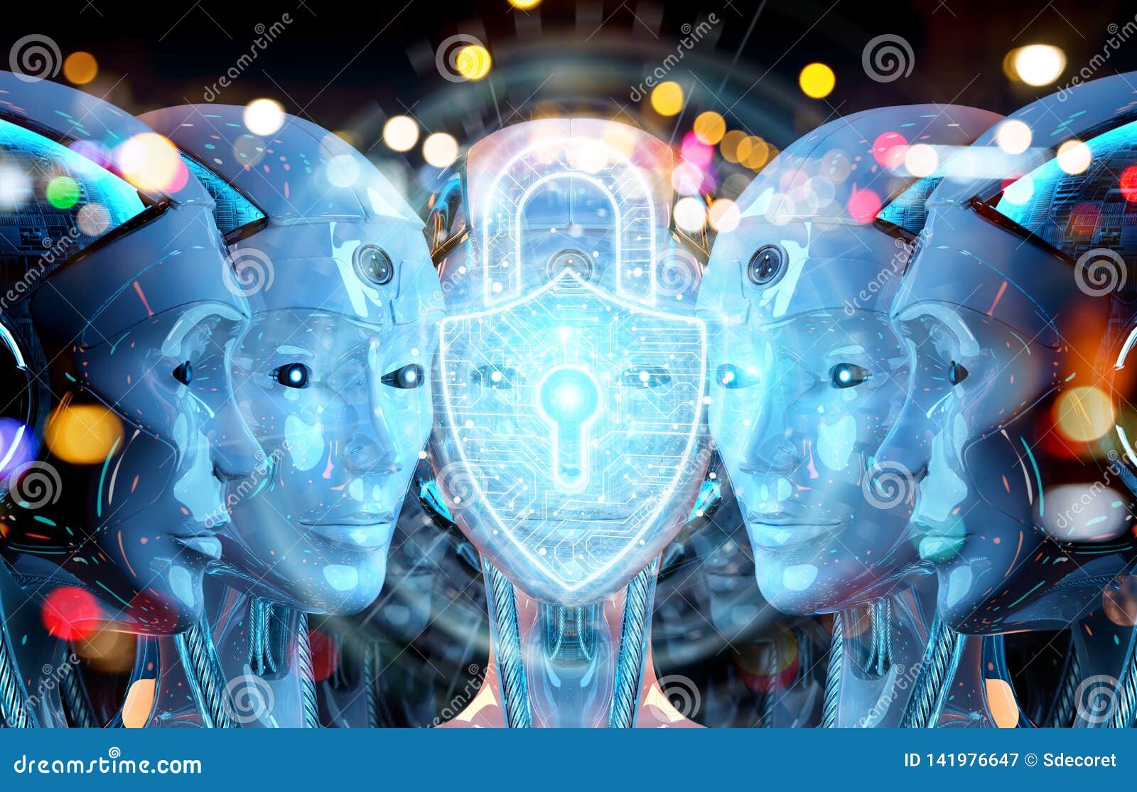 Group of Female Robots Heads Using Cyber Security Interface 3d ...