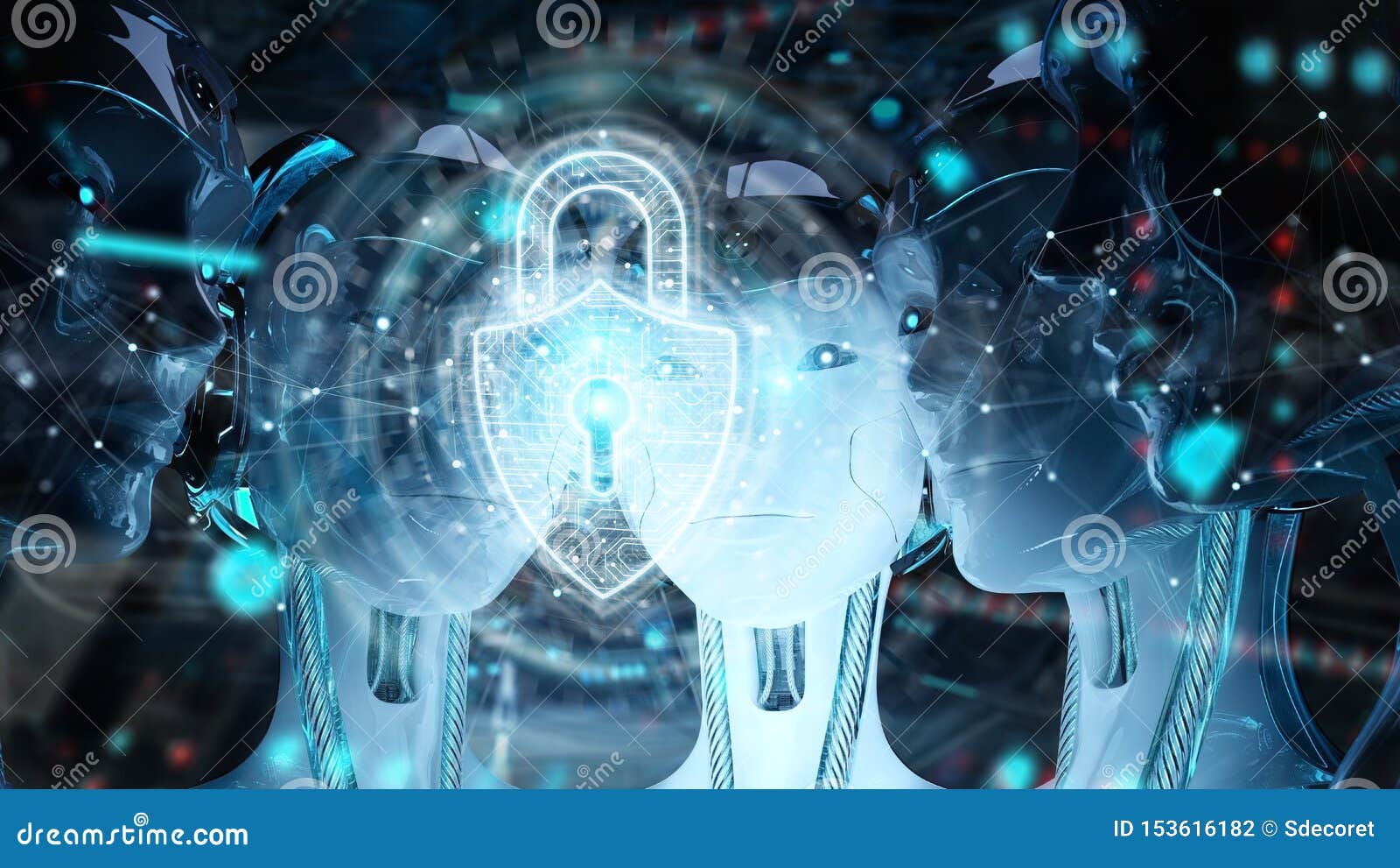 Group of Female Robots Heads Using Cyber Security Interface 3d ...