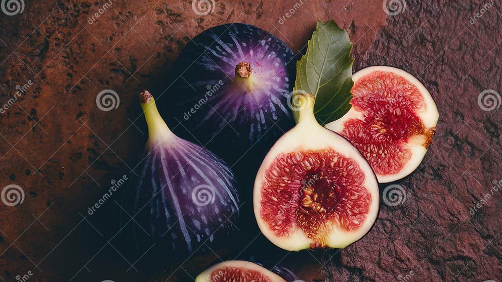 A Group of Figs with Leaves on a Stone Surface, AI Stock Photo - Image ...