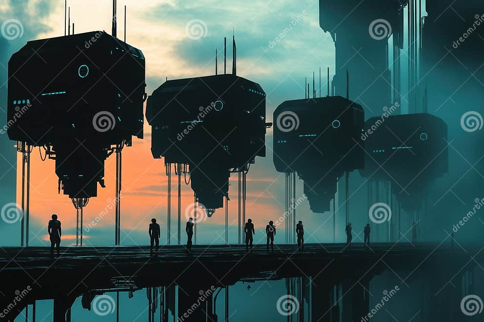 Futuristic Figures Explore a Dark Landscape with Floating Structures at ...
