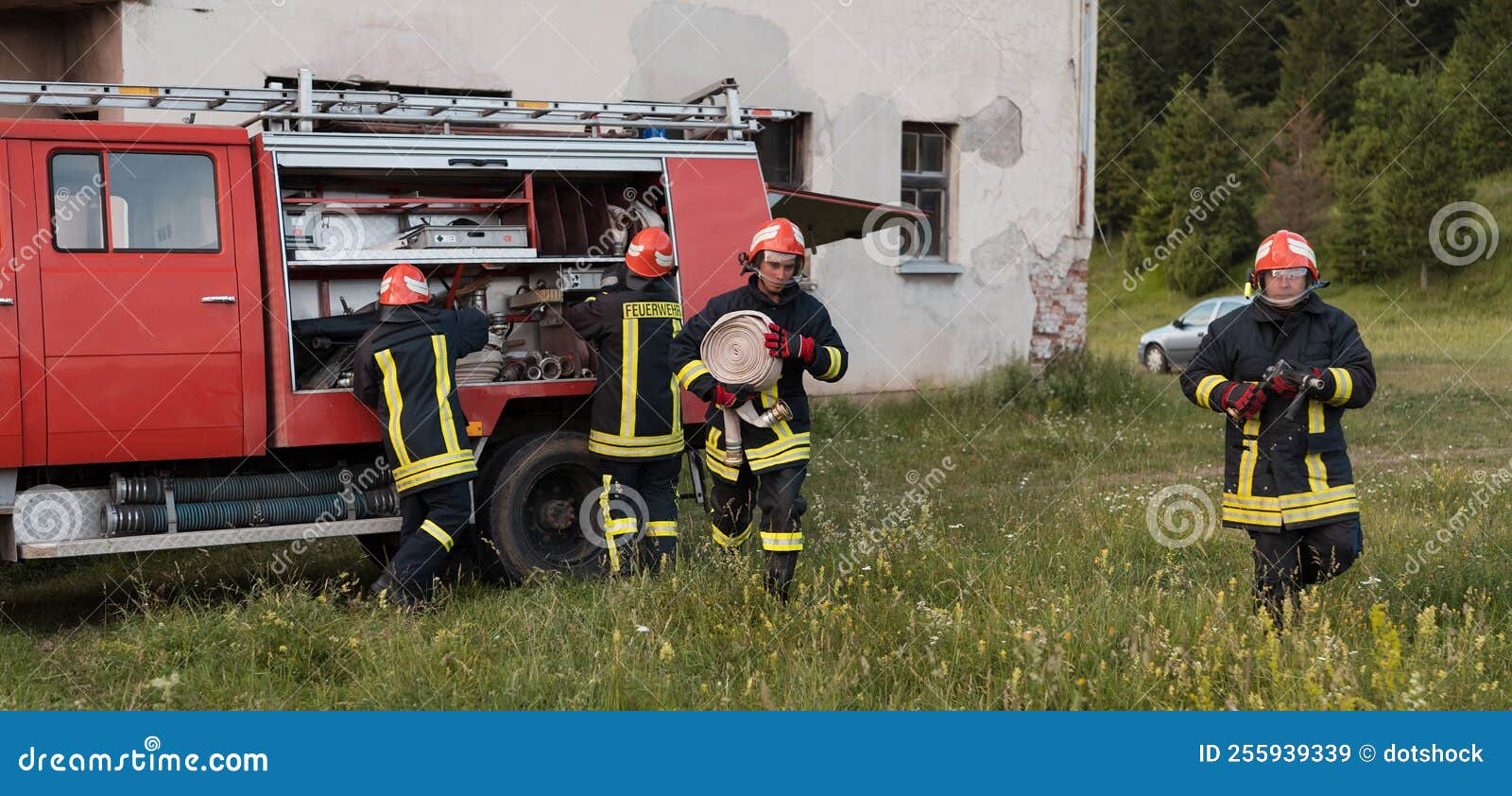 Group of Fire Fighters Standing Confident after a Well Done Rescue ...