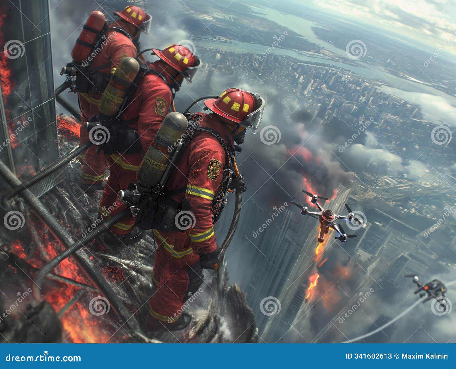 A Group of Firefighters are on a Building that is on Fire Stock Image ...