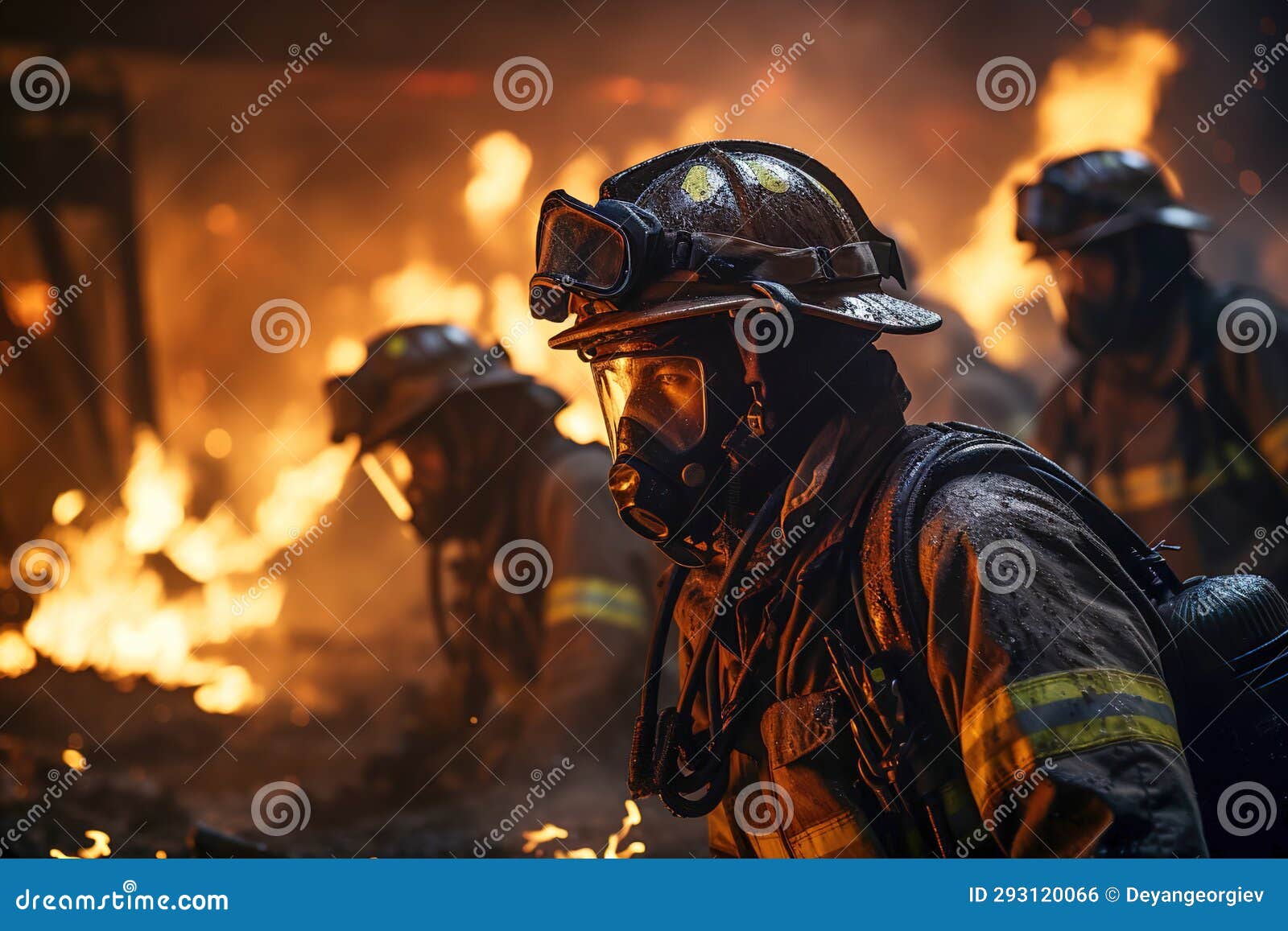 A Group of Firefighters Standing in Front of a Fire Stock Illustration ...