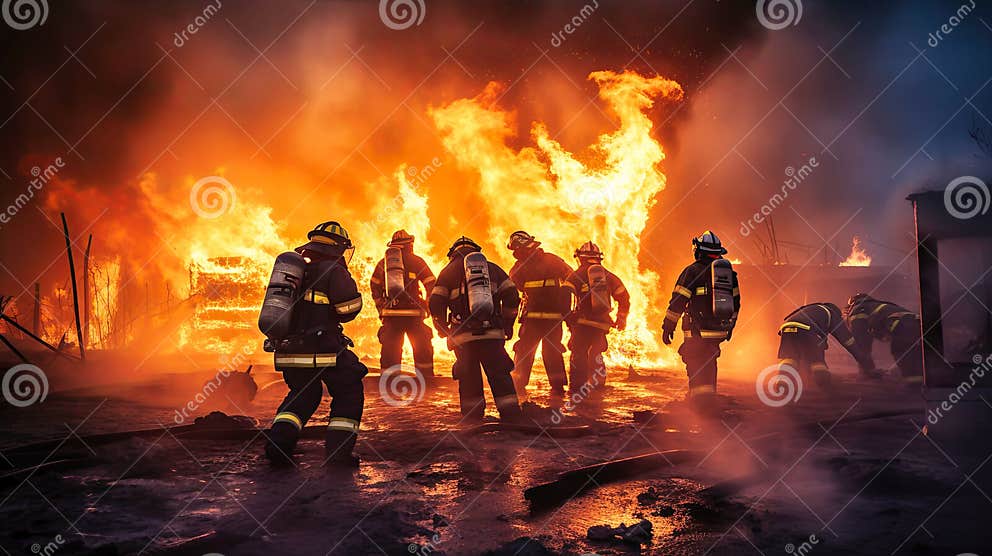 Group of Firefighters Standing in Front of Fire Stock Photo - Image of ...