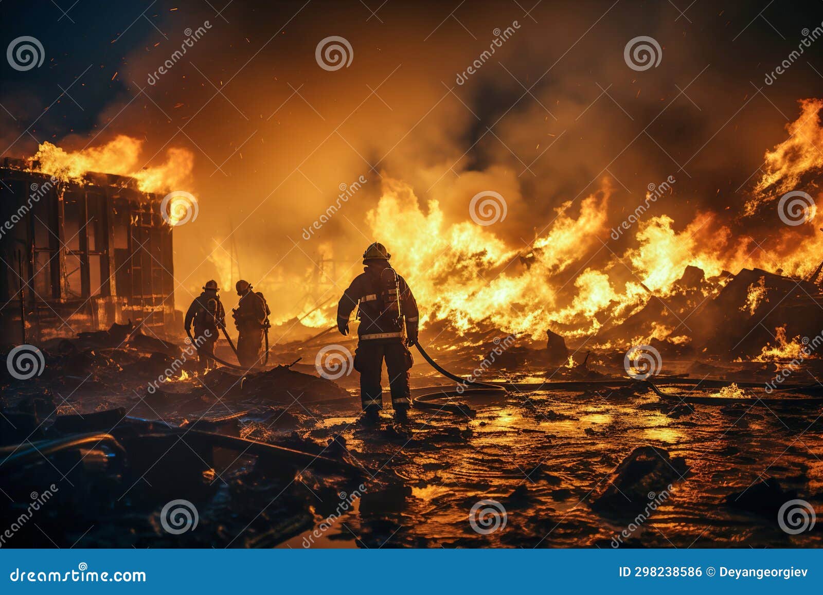A Group of Firefighters Standing in Front of a Fire Stock Illustration ...