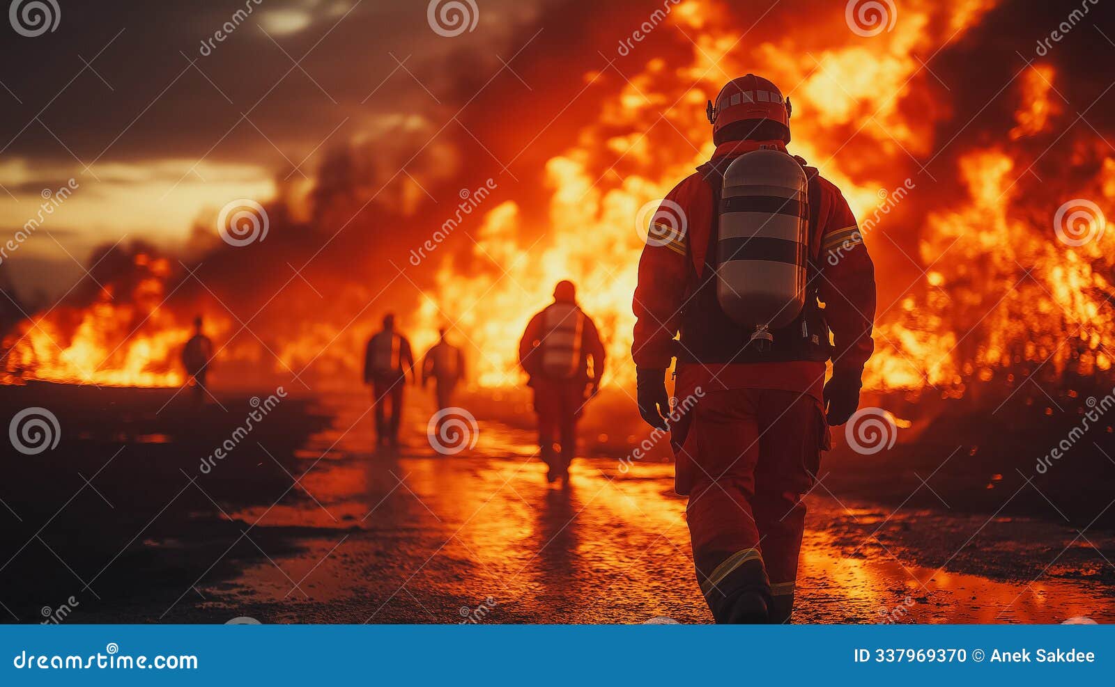 A Group of Firefighters are Walking through a Burning Forest. the Fire ...