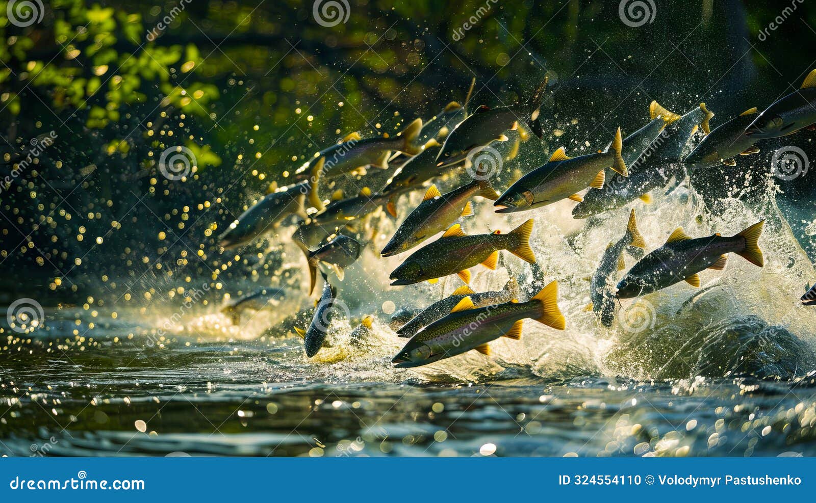 A Group of Fish Jumping Out of the Water Stock Photo - Image of jumping ...