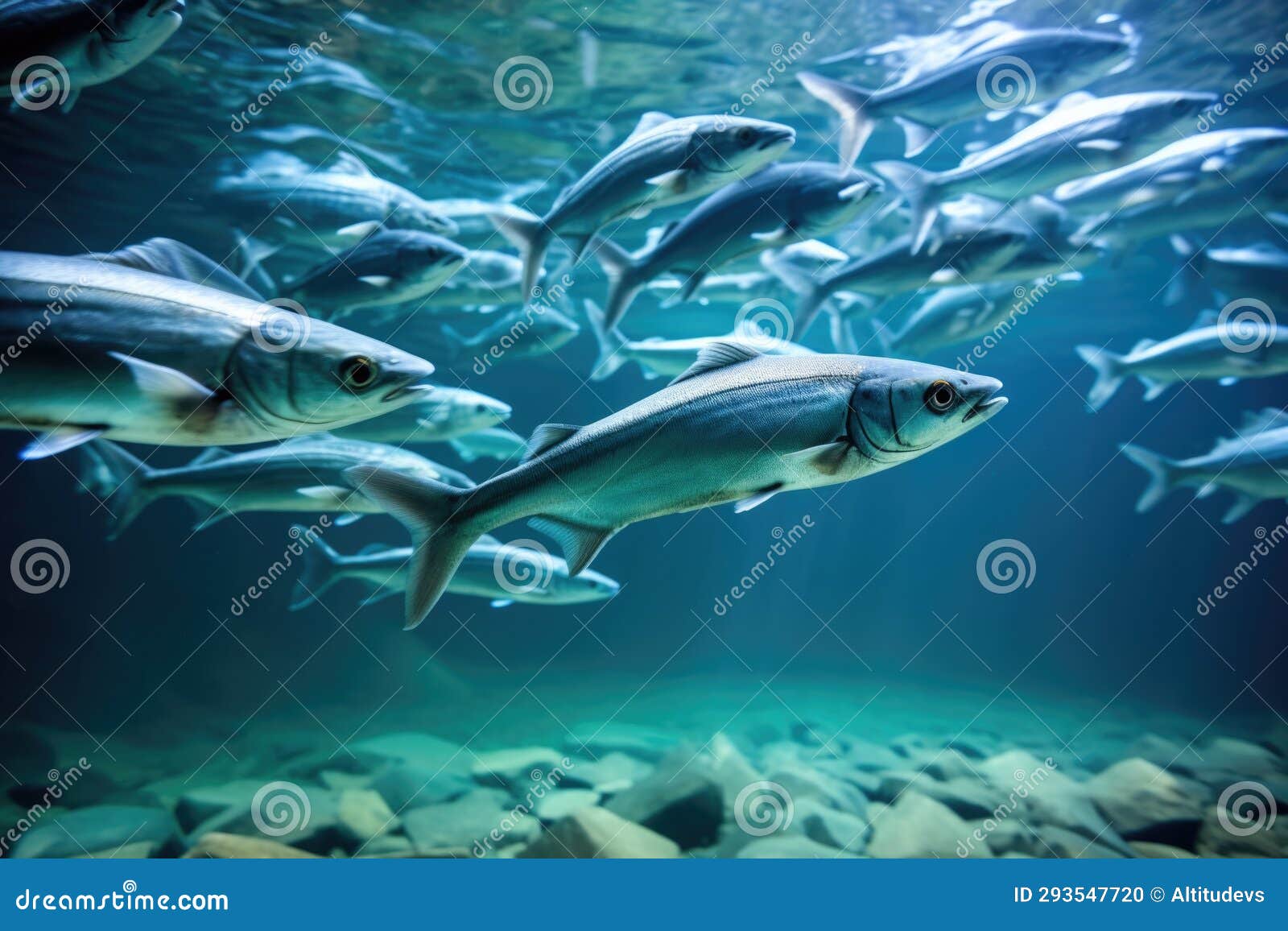 A Group of Fish Swimming in Unison with One Fish Swimming Alone Stock ...