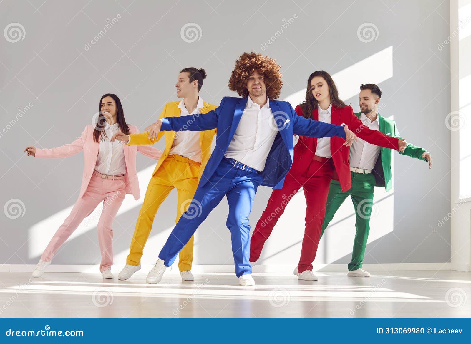Group of Five Cheerful People Coordinated in Dance Line Dance Dressed ...
