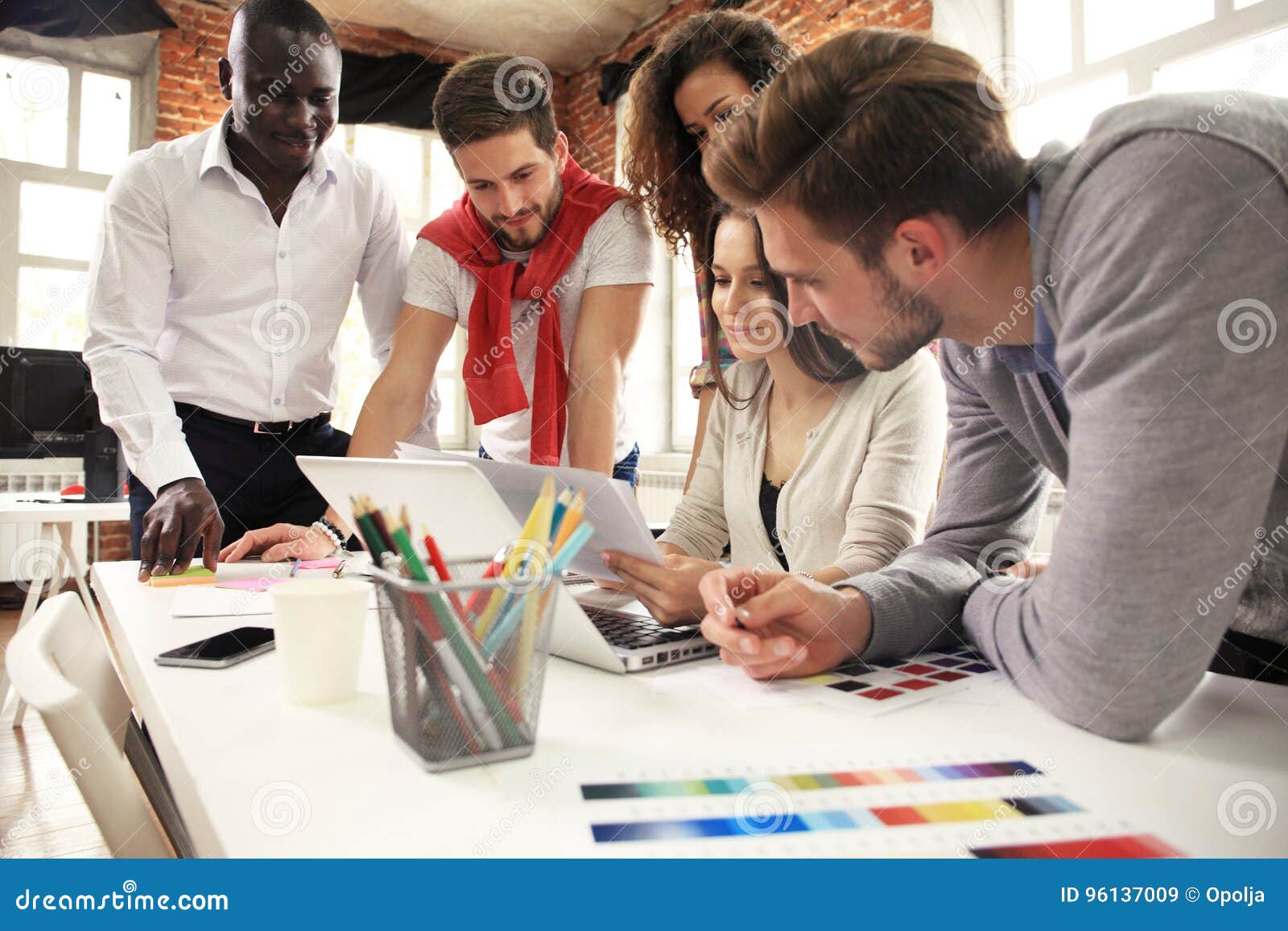 Group of Five Creative Worker Brainstorm Together in Office, New Style ...