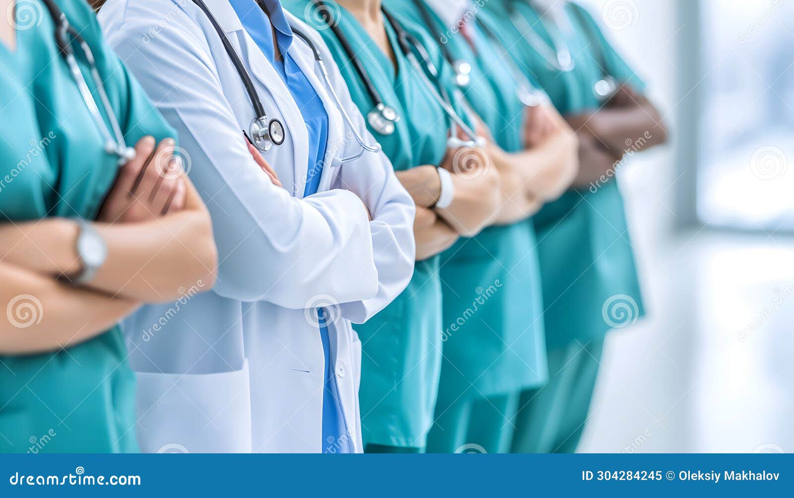 Group of Five Doctors with Stethoscope on White Blurred Hospital Stock ...