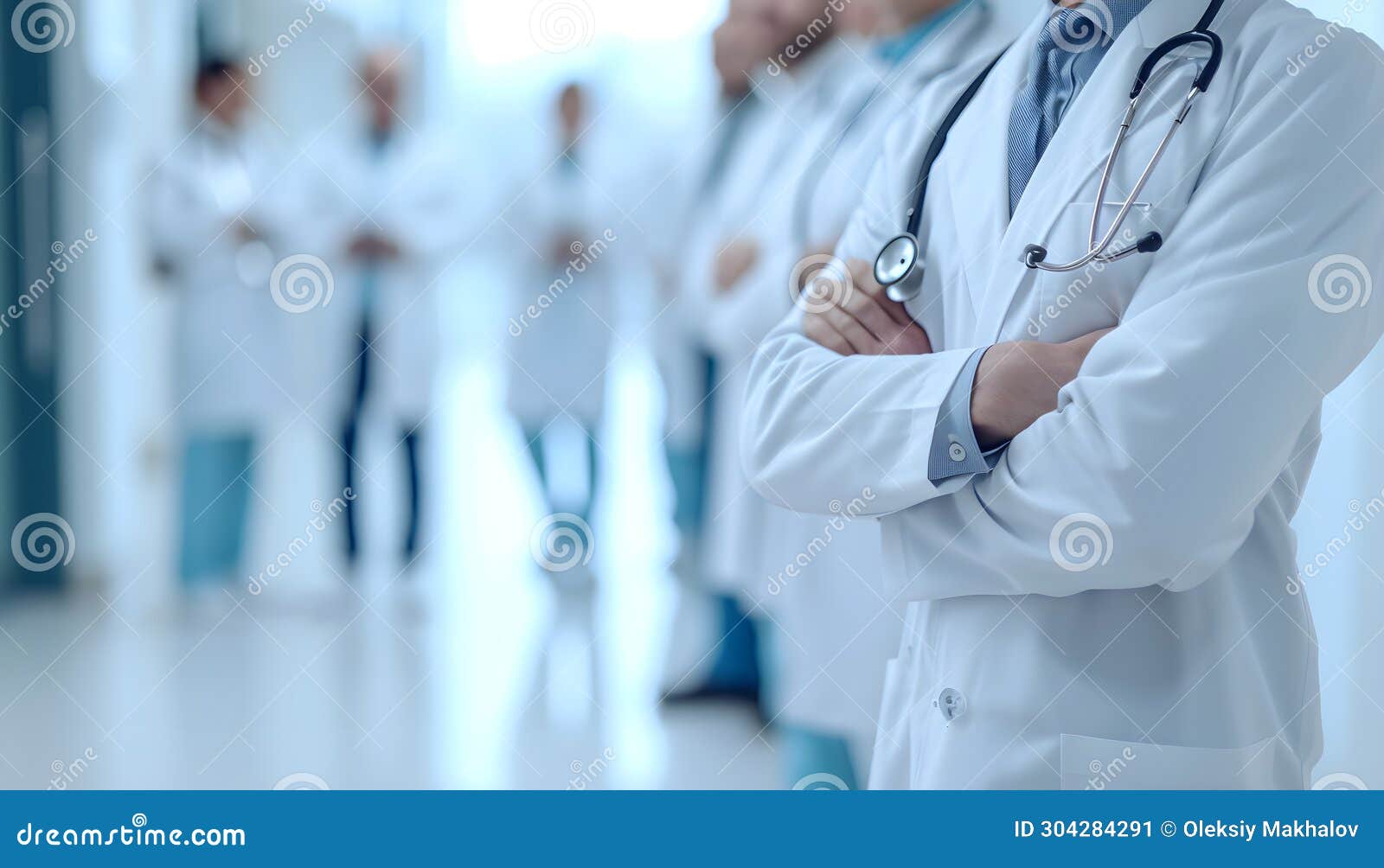 Group of Five Doctors with Stethoscope on White Blurred Hospital Stock ...