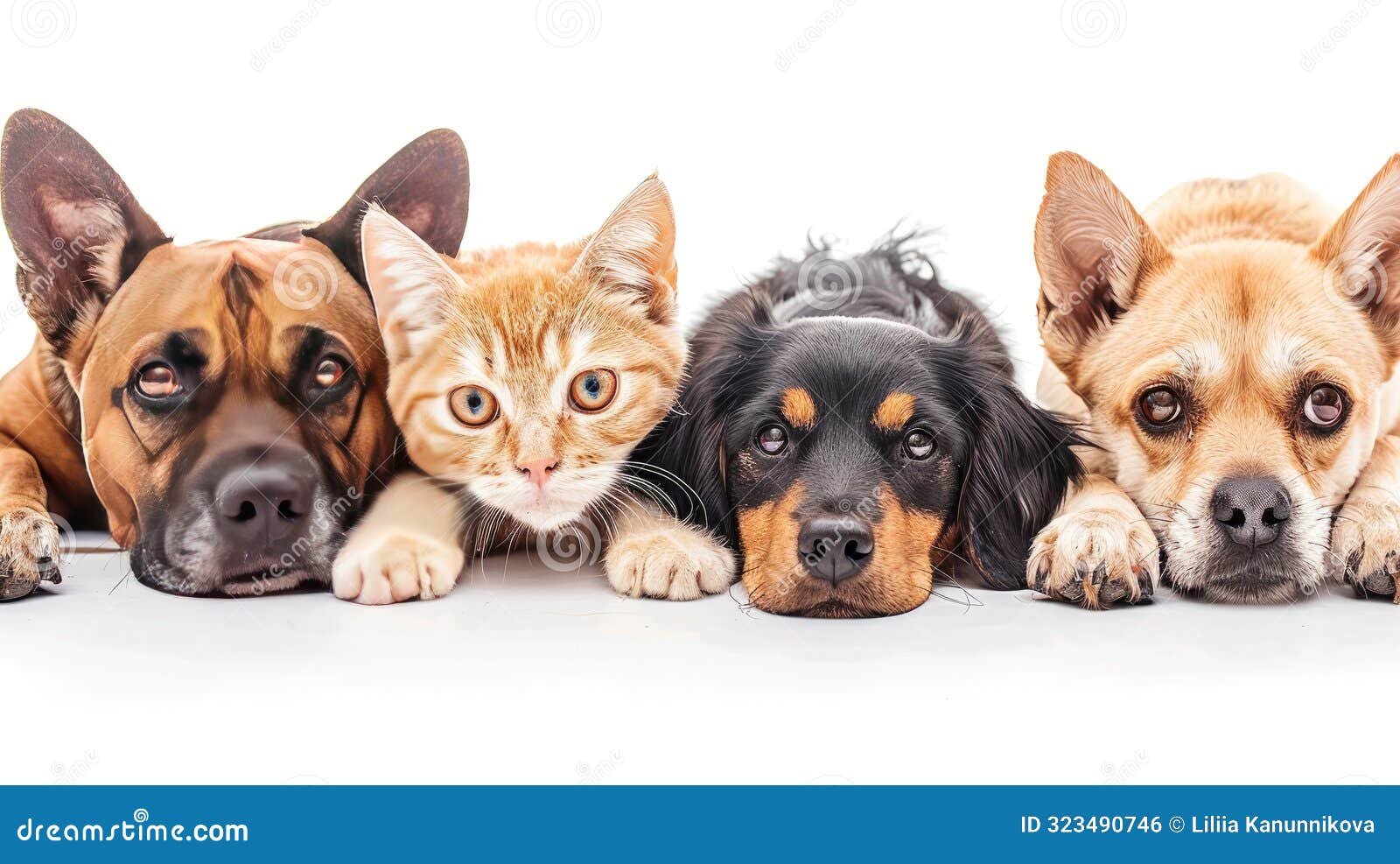 A Group of Five Dogs and a Cat Look Over a White Surface, Their Heads ...