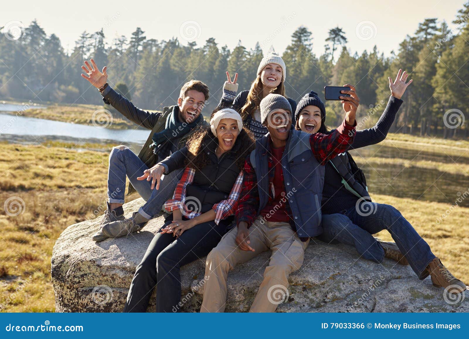 Group of Five Friends Take a Selfie Near in the Countryside Stock Photo ...