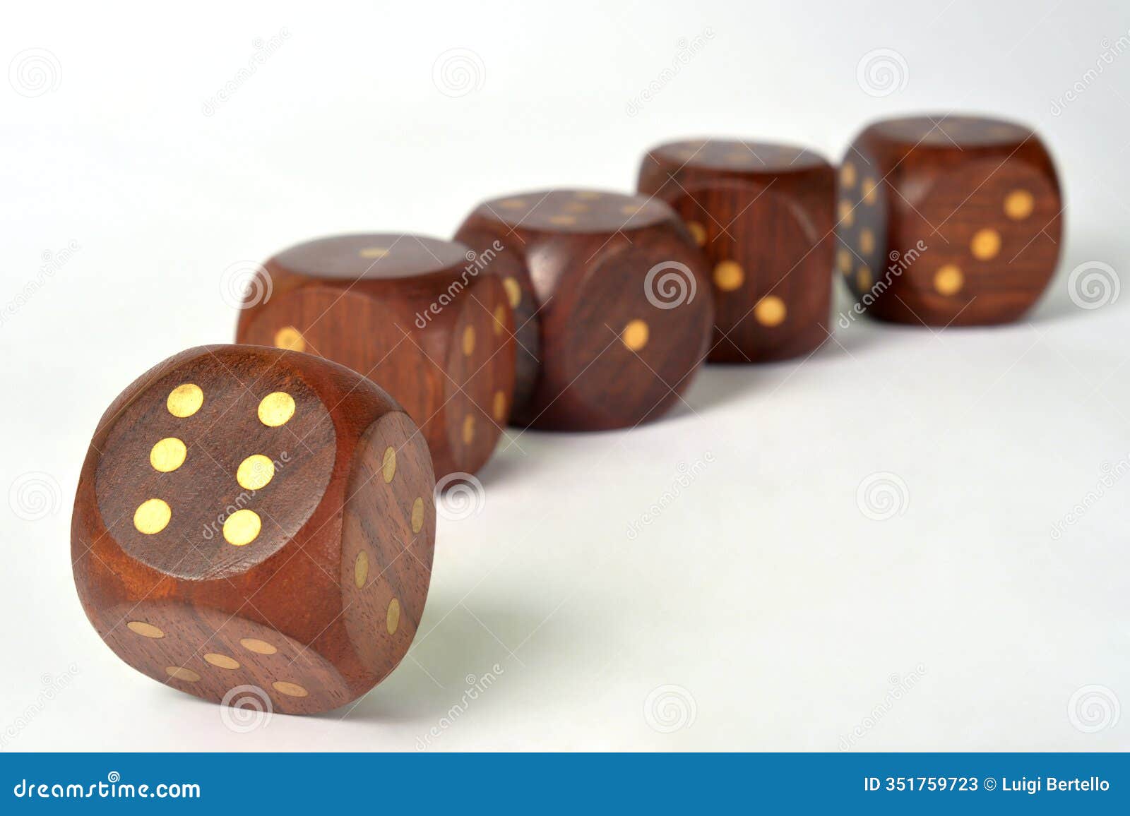A Group of Five Large Wooden Gaming Dice on a White Background Stock ...