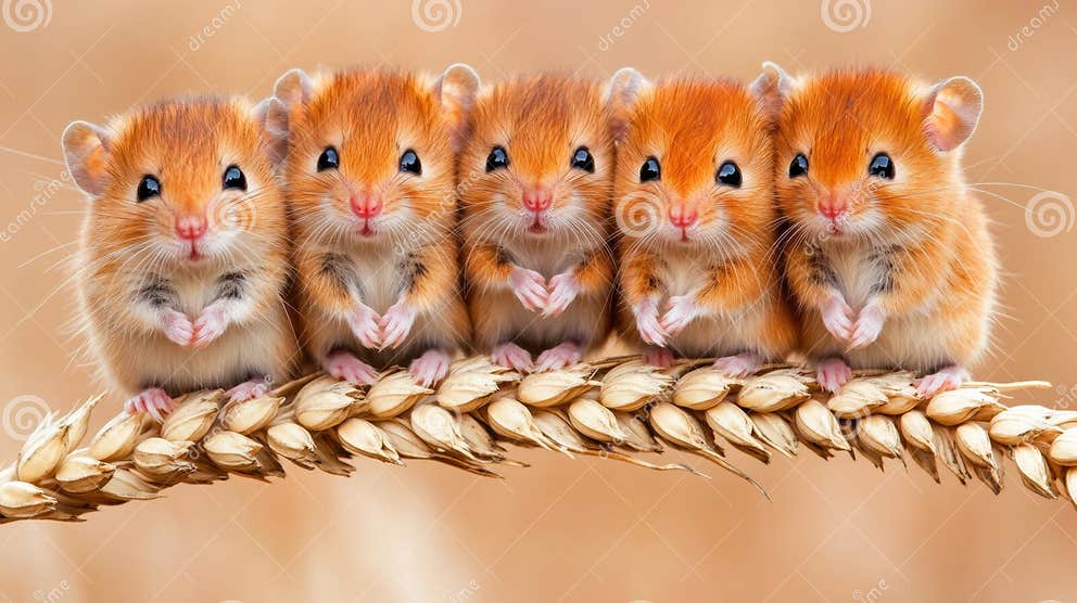A Group of Five Mice Sitting on a Stalk of Wheat, AI Stock Photo ...