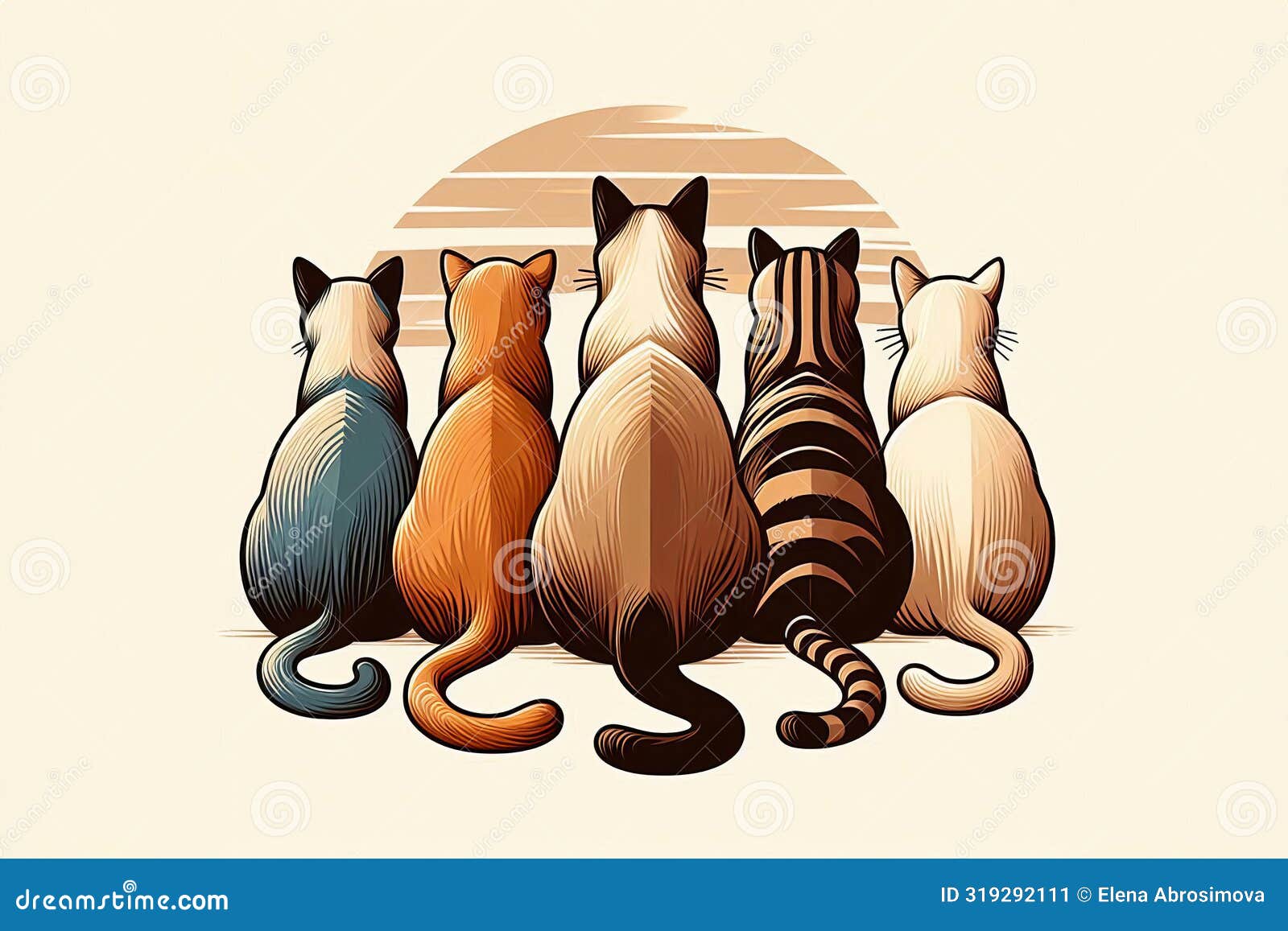 Group of Five Stylized Cats Sitting Together, Back View. Each Has a ...