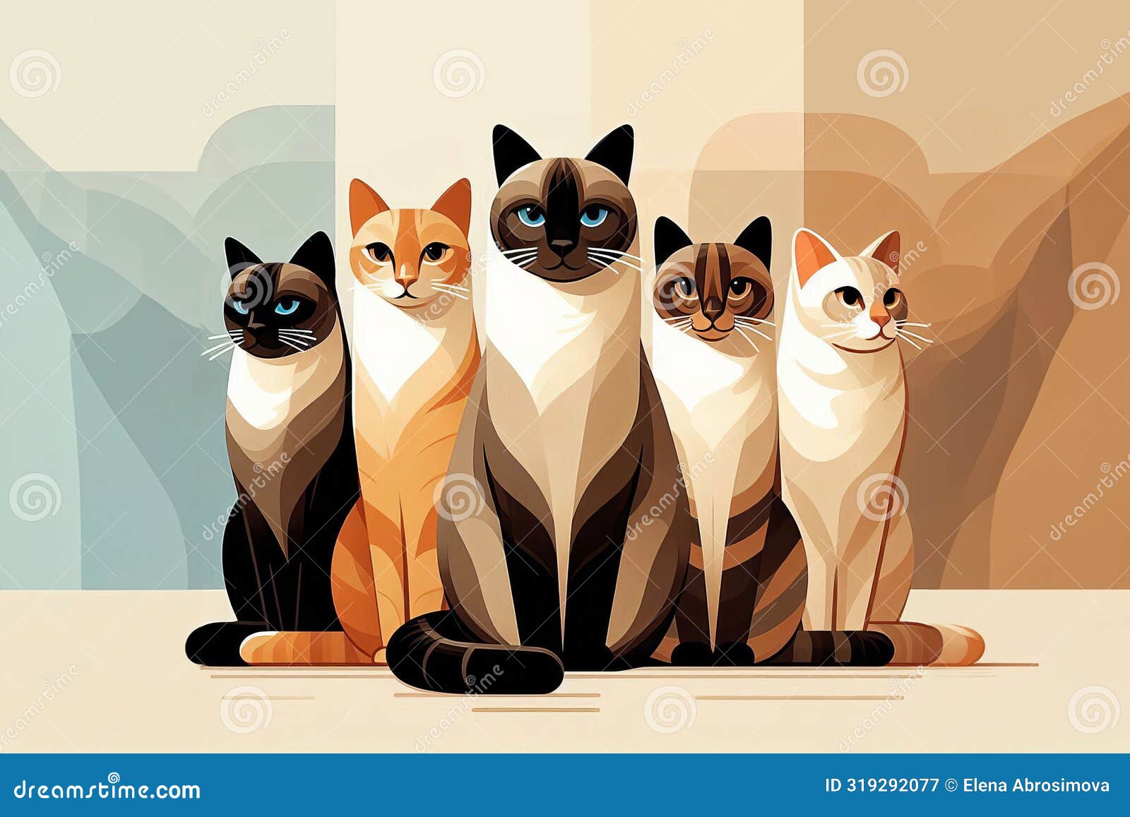 Group of Five Stylized Cats Sitting Together, Simple Abstract ...