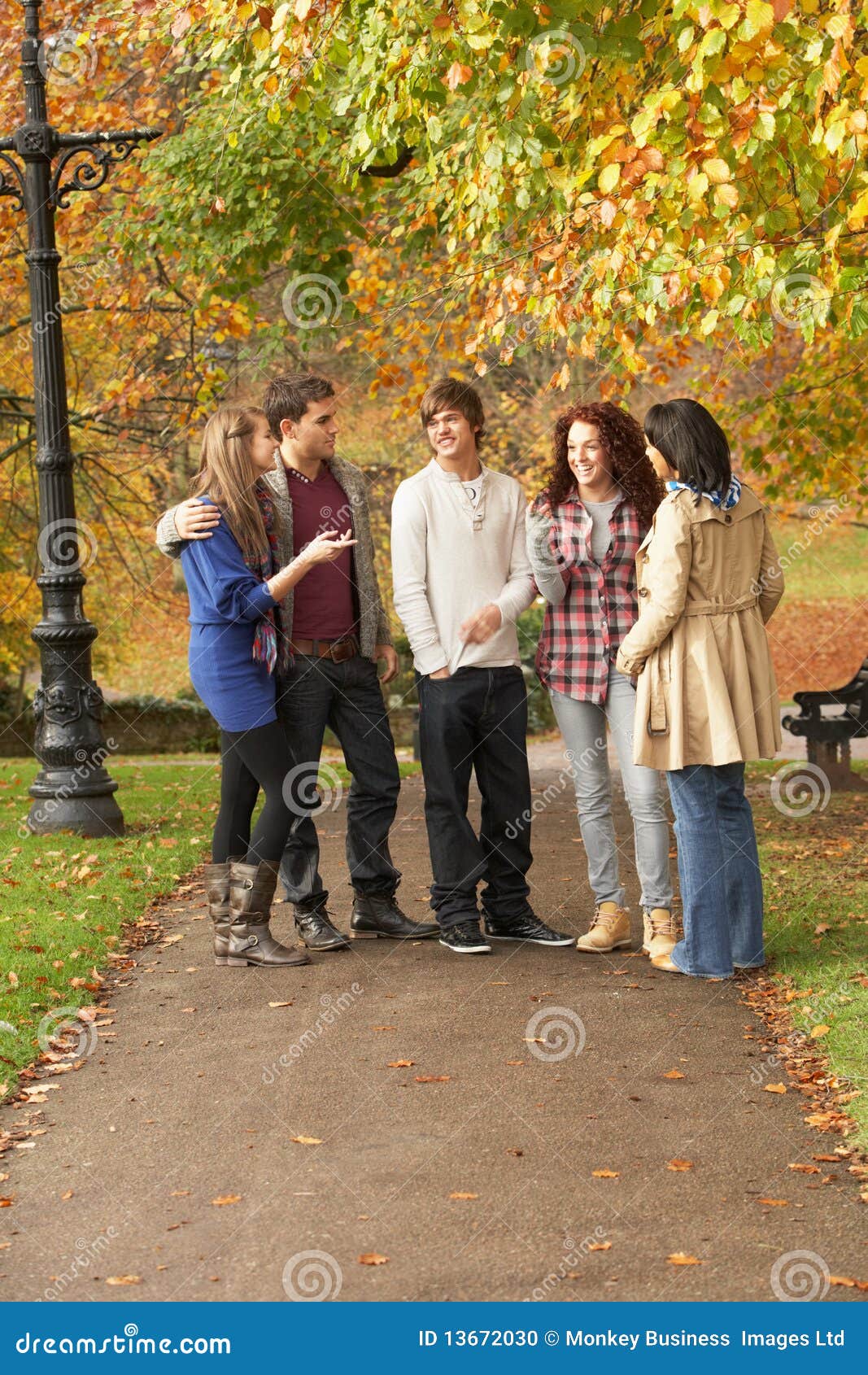 Group of Five Teenage Friends Chatting in Park Stock Photo - Image of ...