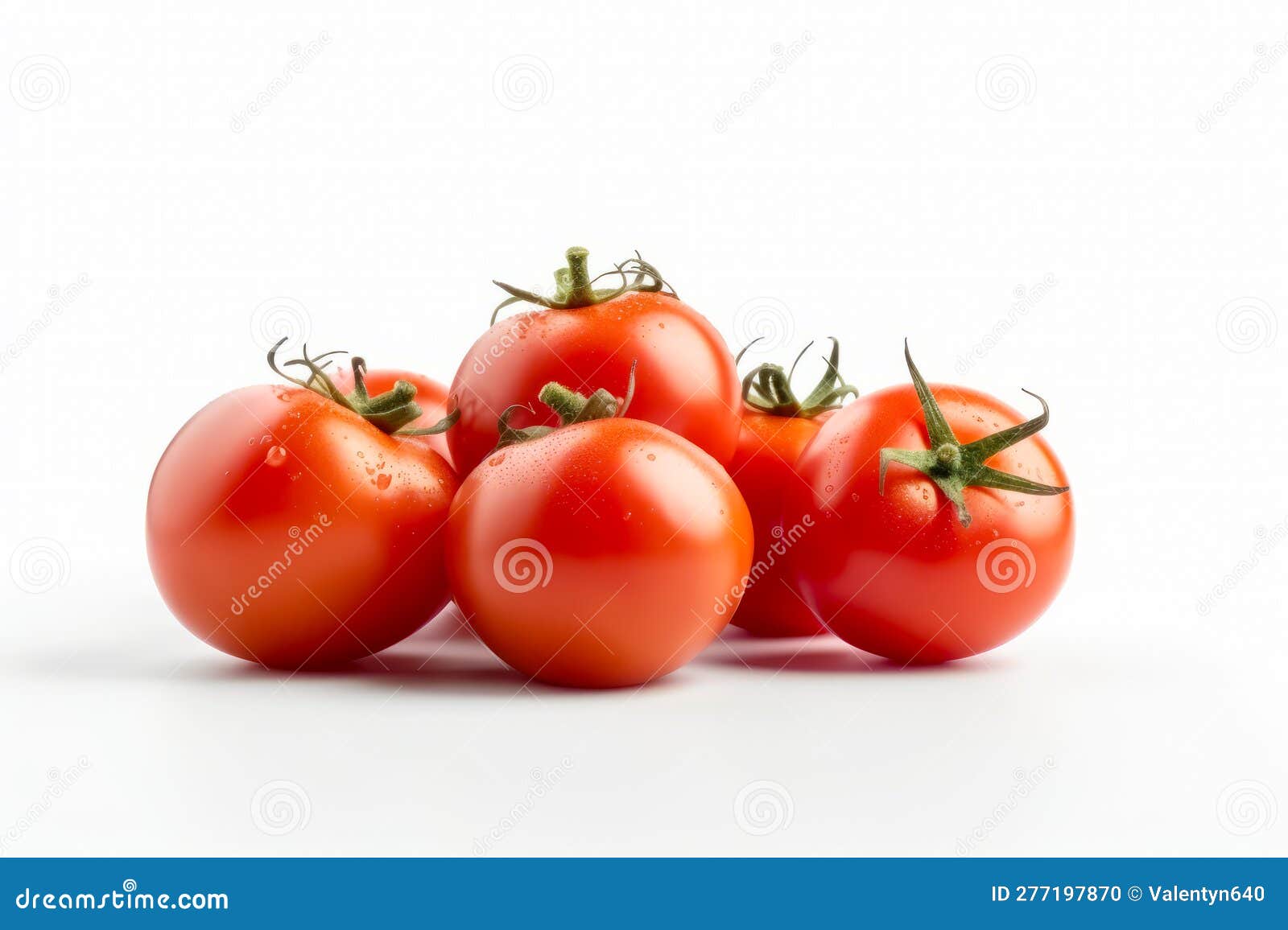 Group of Five Tomatoes on White Surface with Water Droplets on Them ...