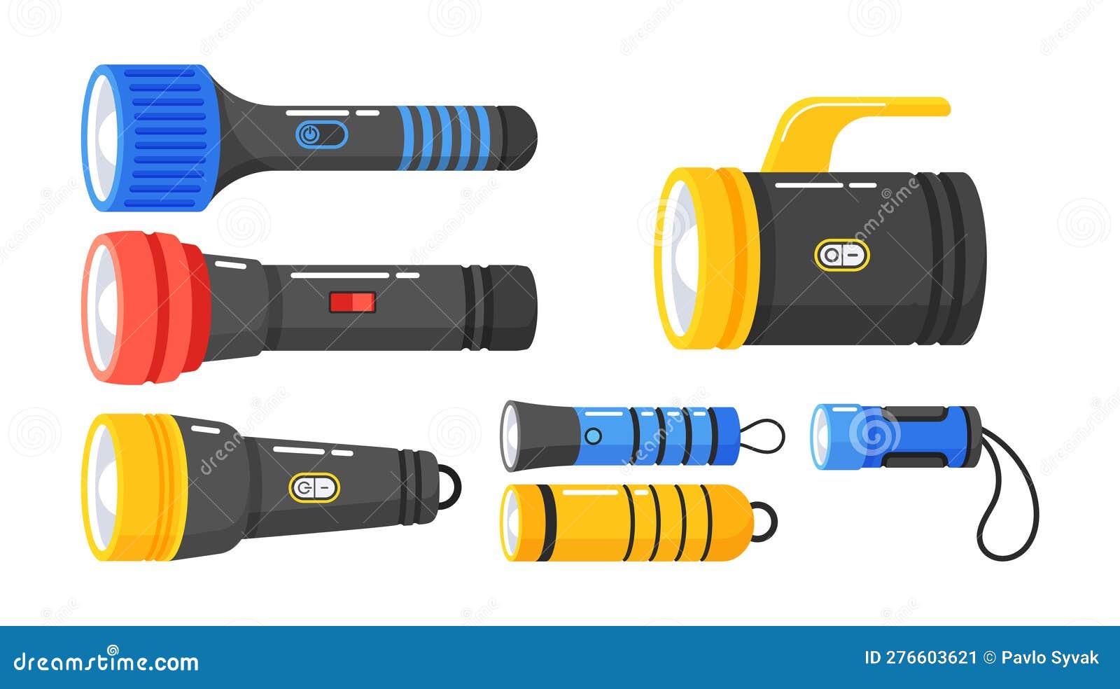 Group of Flashlights with Different Colors and Sizes, Straps, Lens and ...