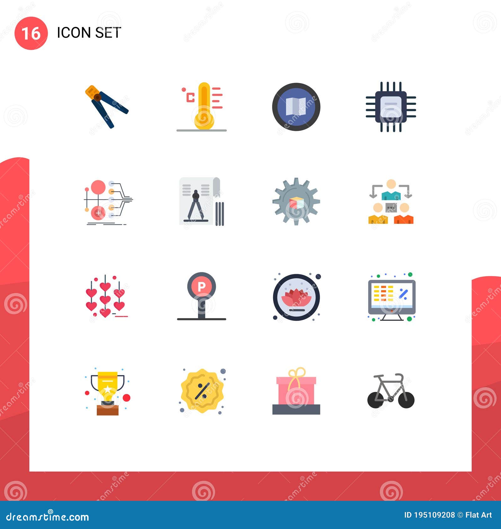 16 Creative Icons Modern Signs and Symbols of Cpu, Maps, Rainy ...