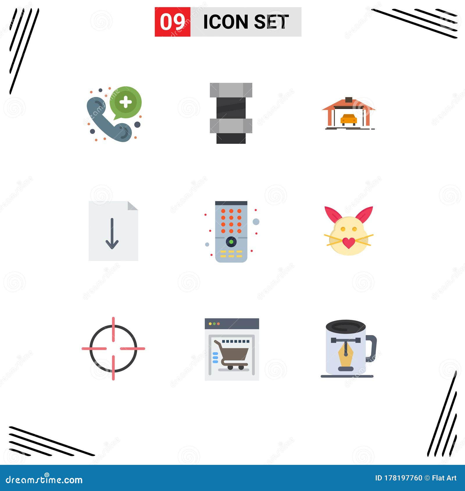 Group of 9 Flat Colors Signs and Symbols for Rabbit, Remote, Building ...