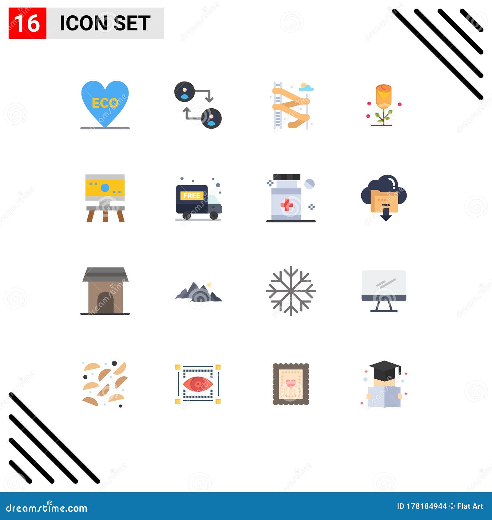 Group of 16 Flat Colors Signs and Symbols for Space, Board, Water, Atom ...