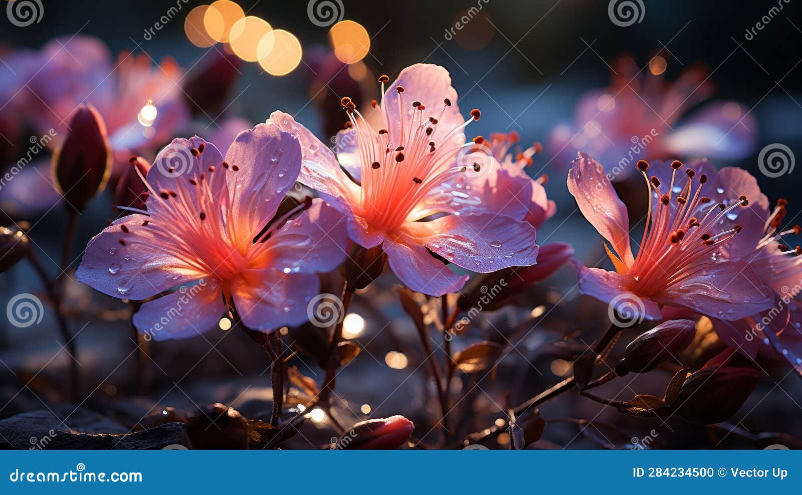 A Group of Flowers Lit Up at Night. Generative AI. Stock Illustration ...
