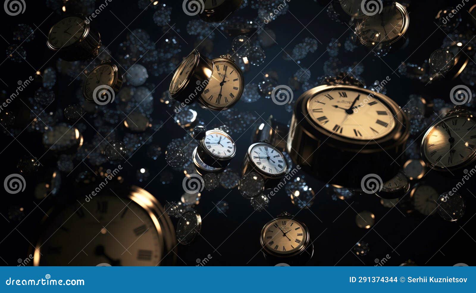 Group of Flying Vintage Retro Clocks with Chains, Dark Background. AI ...