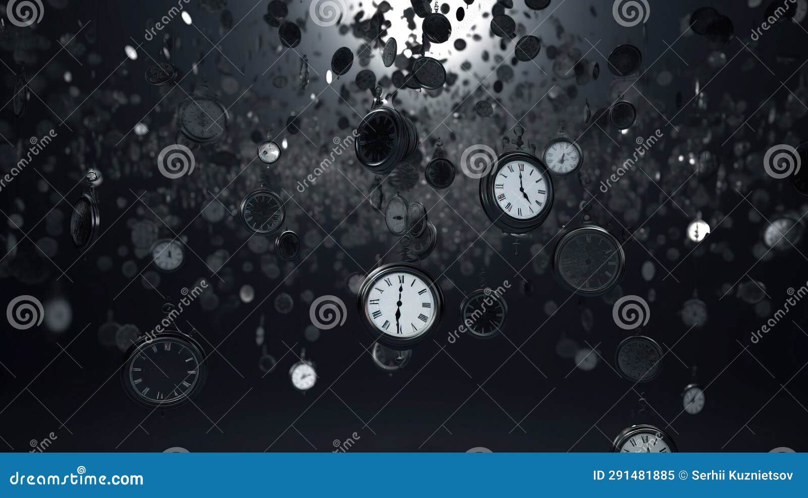 Group of Flying Vintage Retro Clocks with Chains, Dark Background. AI ...