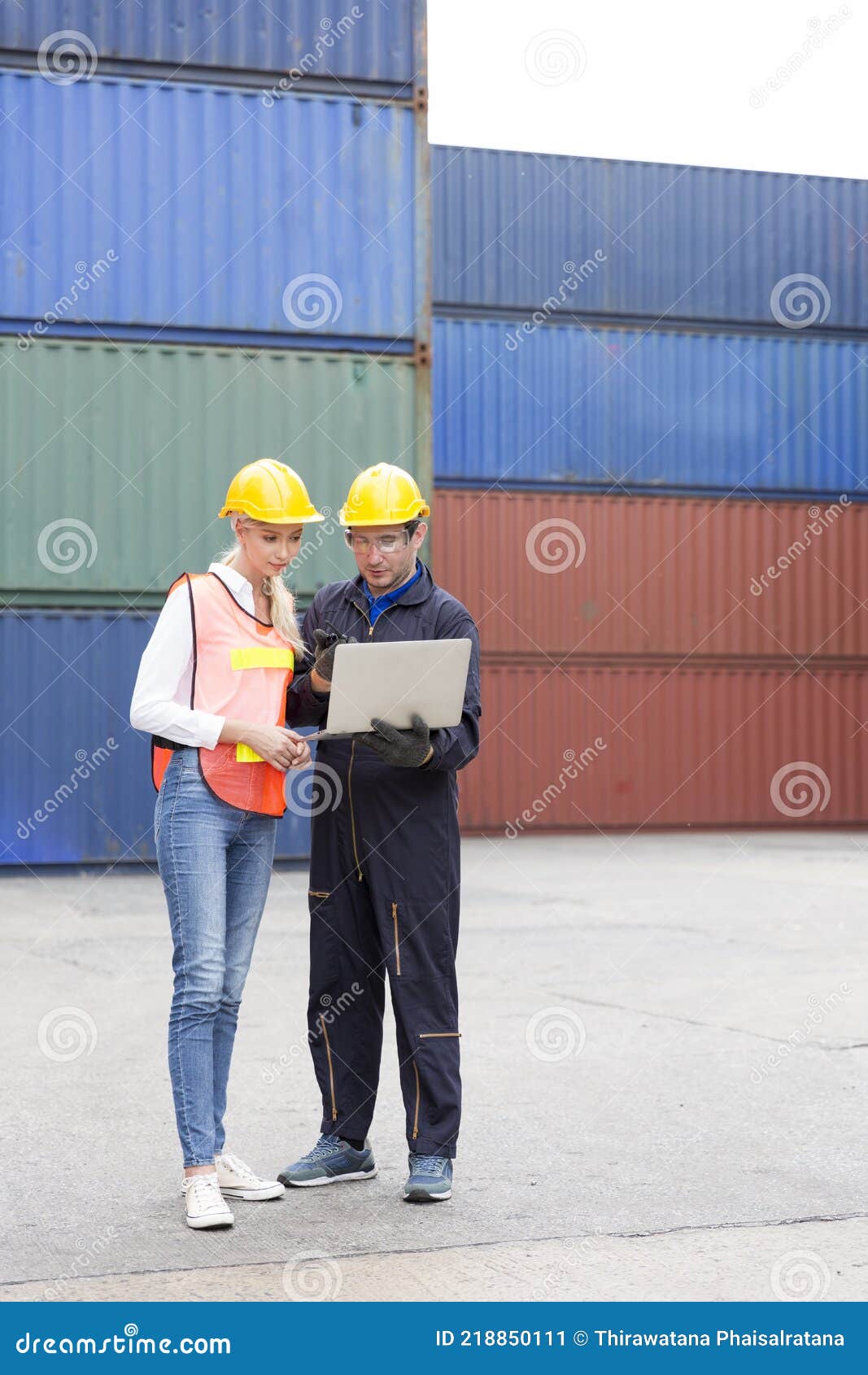 Group Foreman Control Industrial Container Cargo Freight Ship. Two ...