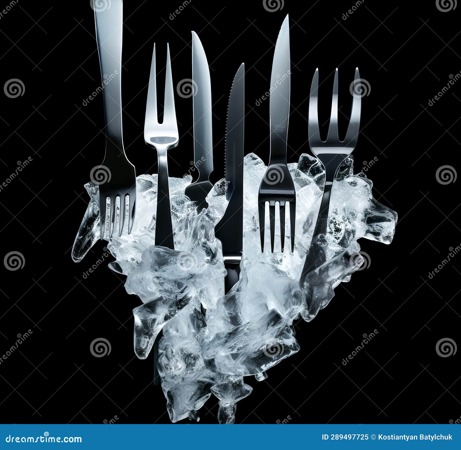 Group of Forks and Knives with Ice Cubes on Black Background ...