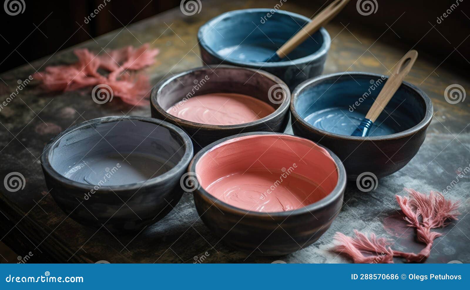 A Group of Four Bowls with Different Colors of Paint in Them Stock ...