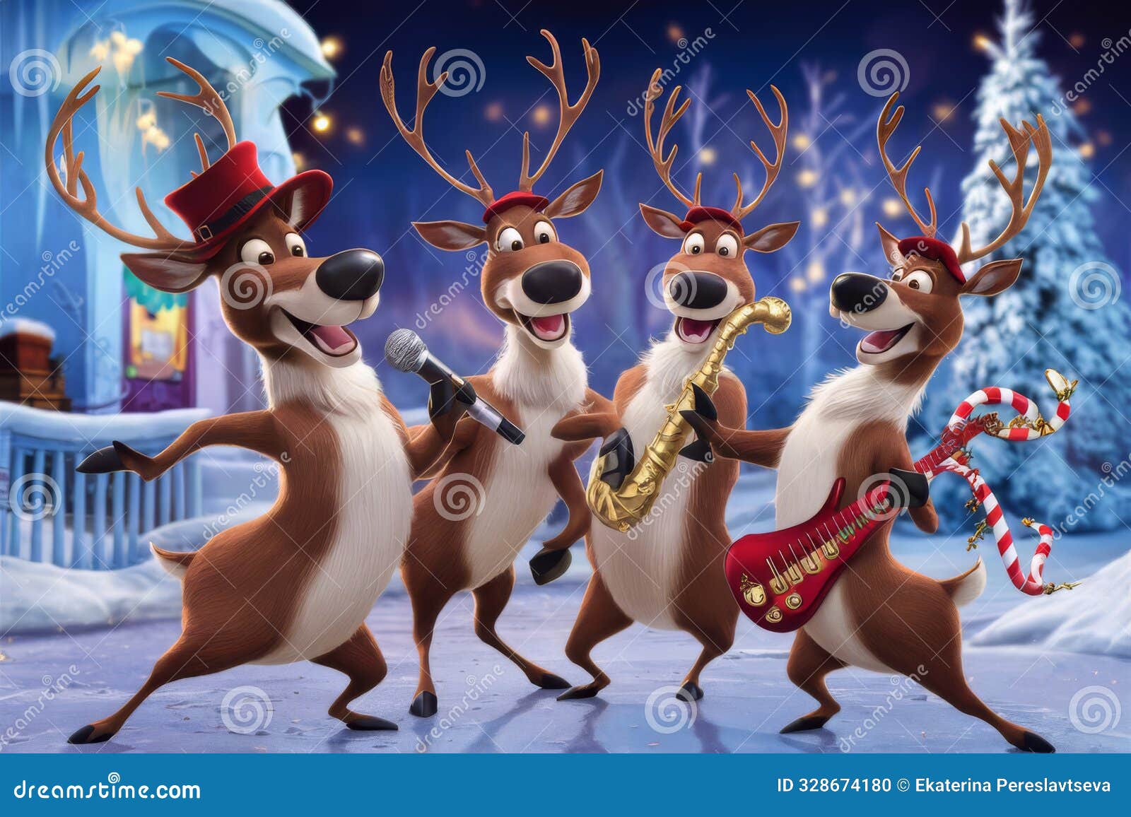 A Group of Four Deer are Playing Instruments and Singing Stock Photo ...