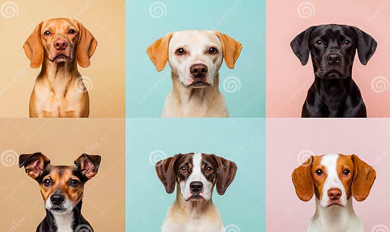 A Group of Four Different Colored Dogs Looking at the Camera Stock ...